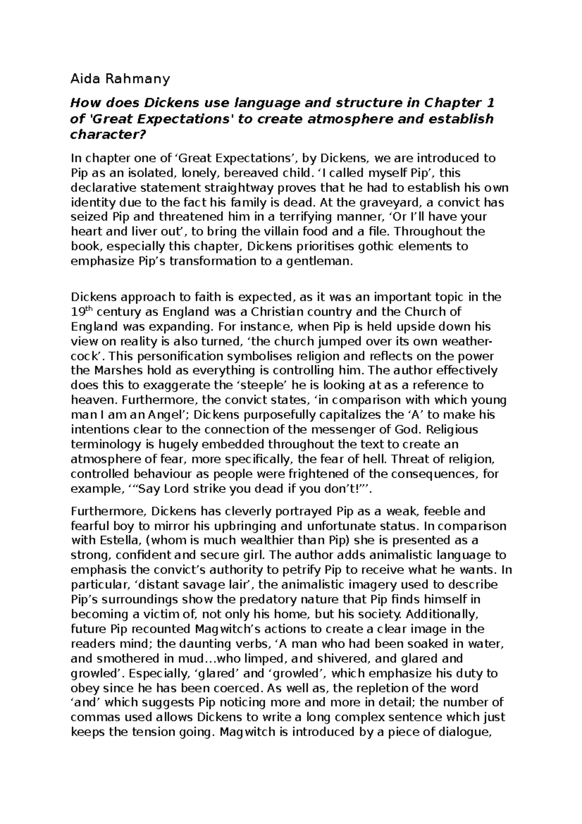 Chapter 1 GE Essay - Great Expectations - Aida Rahmany How does Dickens ...