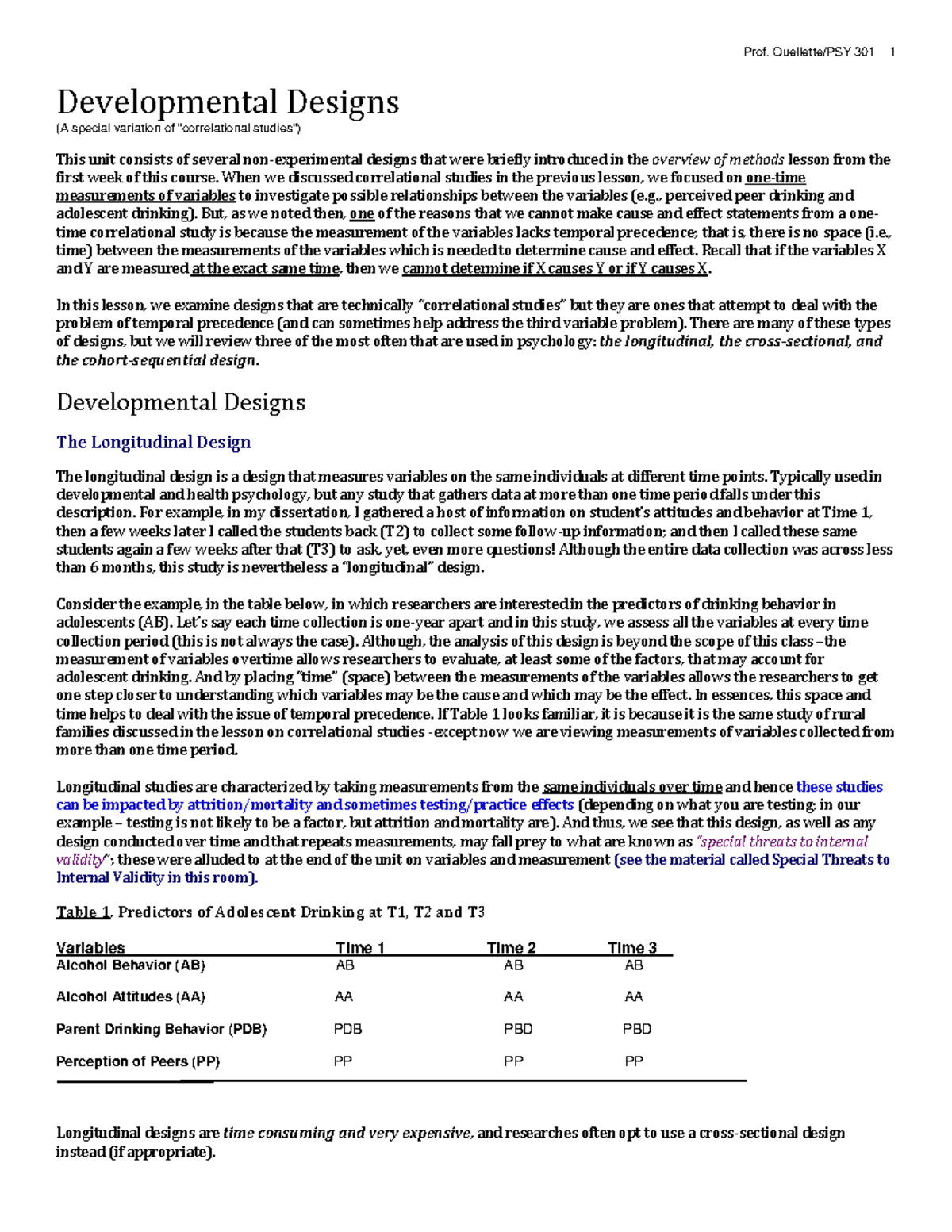 Developmental.designs.notes - Prof. Ouellette/PSY 301 1 Developmental ...