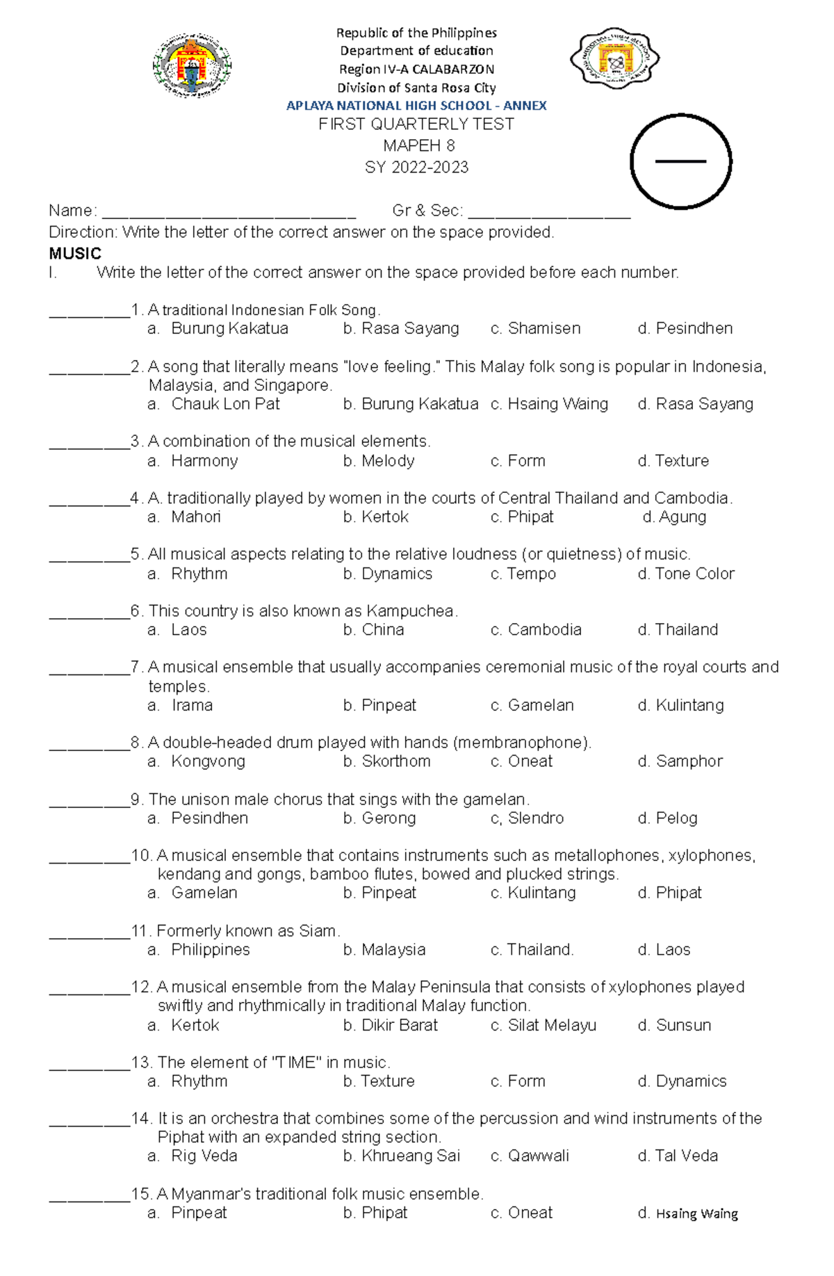 1ST Quarter-TEST-IN- Mapeh-8 - Department of education Region IV-A ...