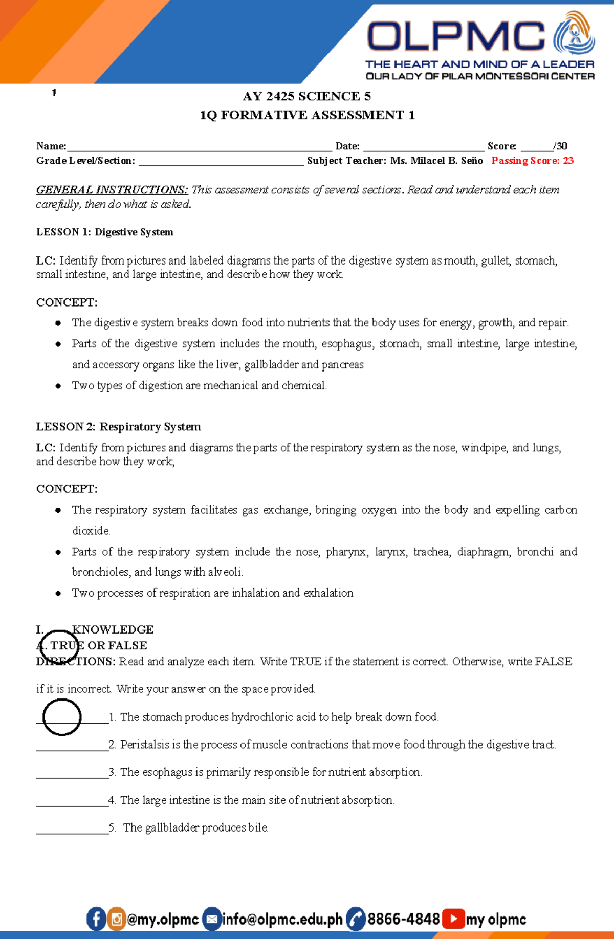 FA1 ( Digestive AND Respiratory System) - 11 AY 2425 SCIENCE 5 1Q ...