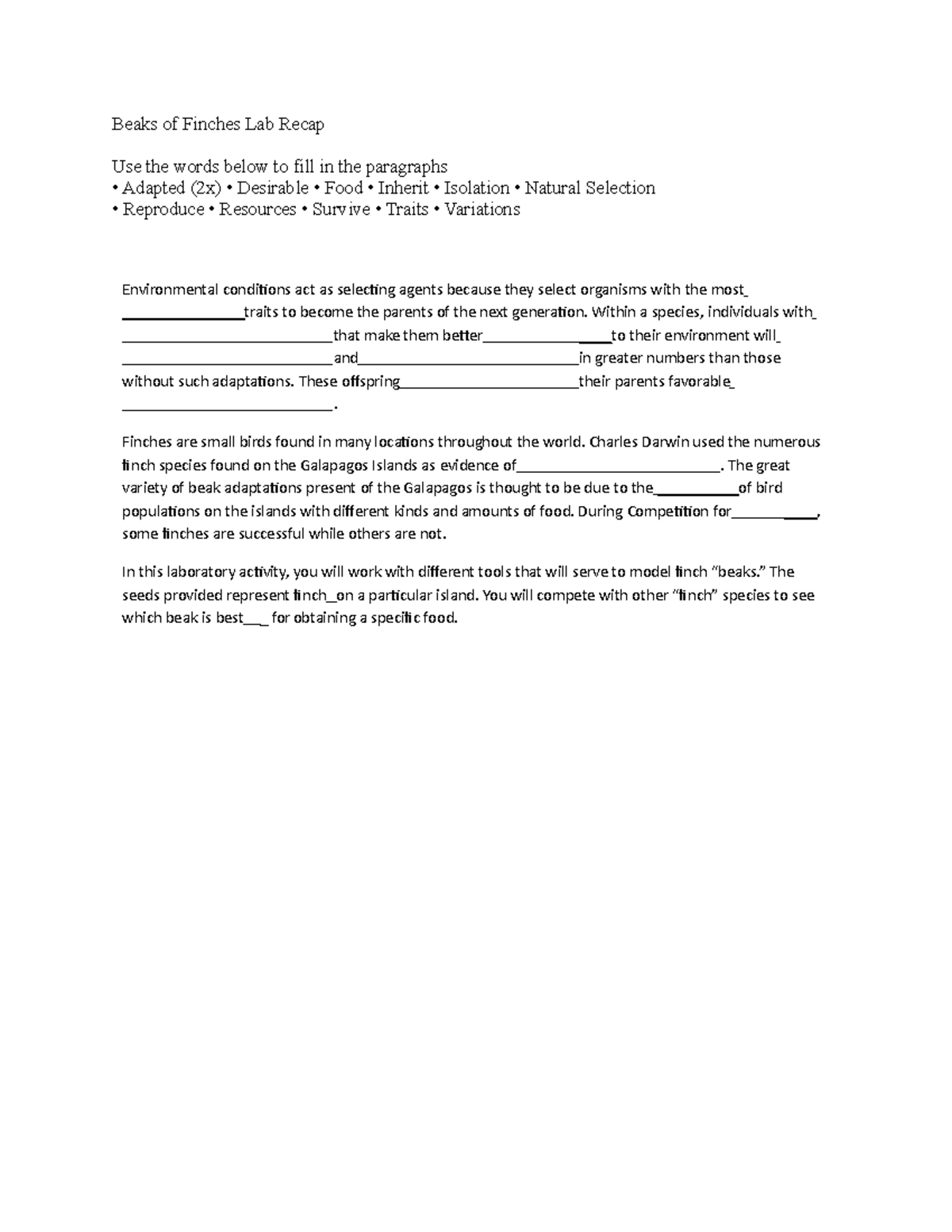 Beaks of Finches Lab Recap - Within a species, individuals with that ...