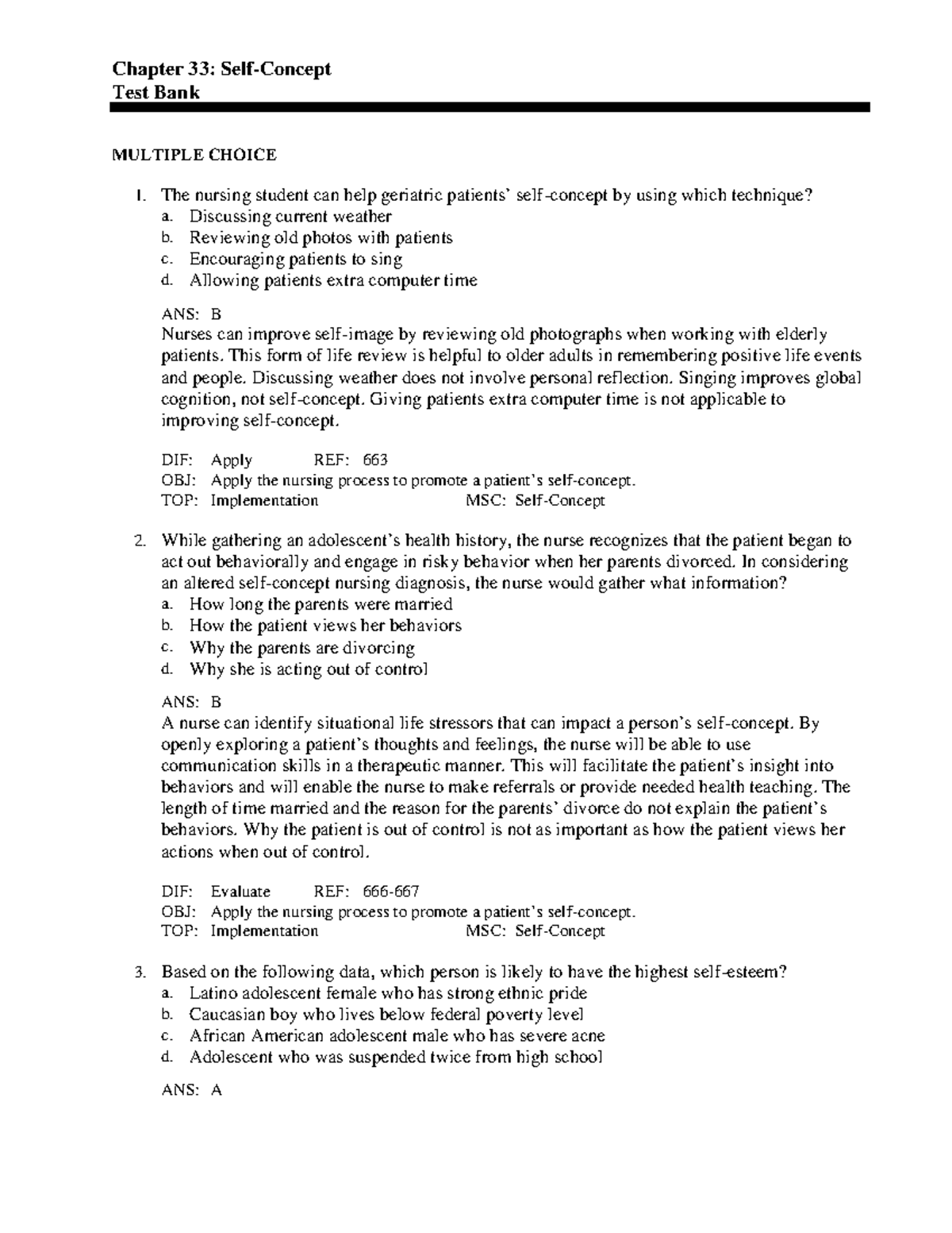 Chapter 33 - Study - Chapter 33: Self-Concept Test Bank MULTIPLE CHOICE ...