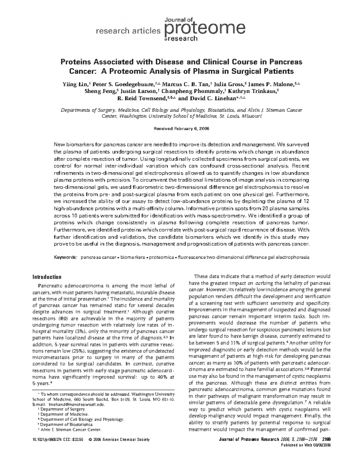 Proteins Associated with Disease and Clinical Course in Pancreas Cancer ...