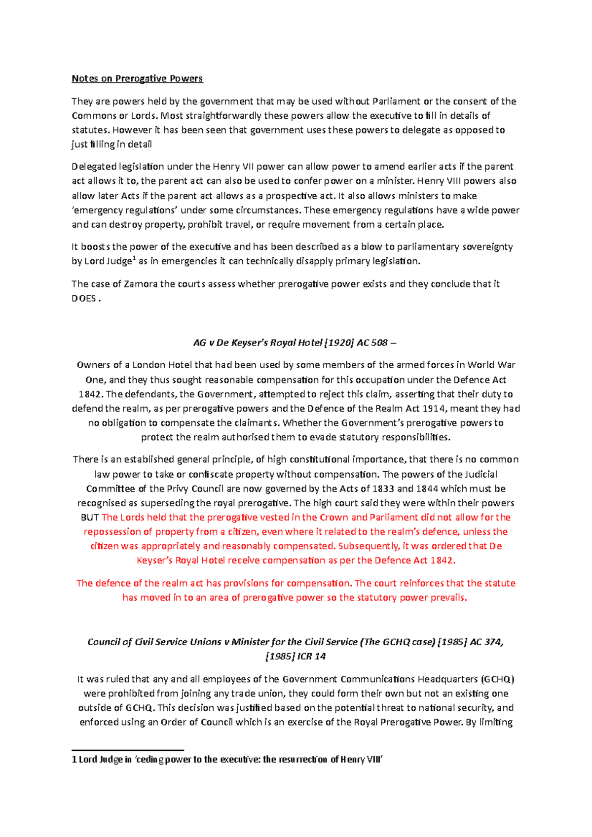 Notes on Prerogative Powers - Notes on Prerogaive Powers They are ...