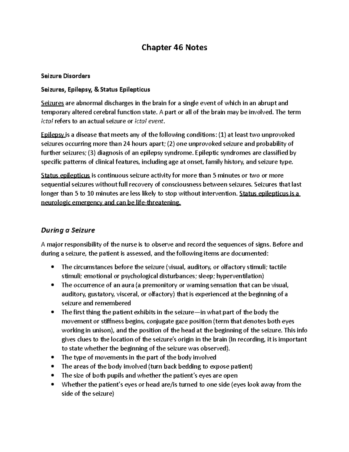 Chapter 46 Notes - Chapter 46 Notes Seizure Disorders Seizures ...