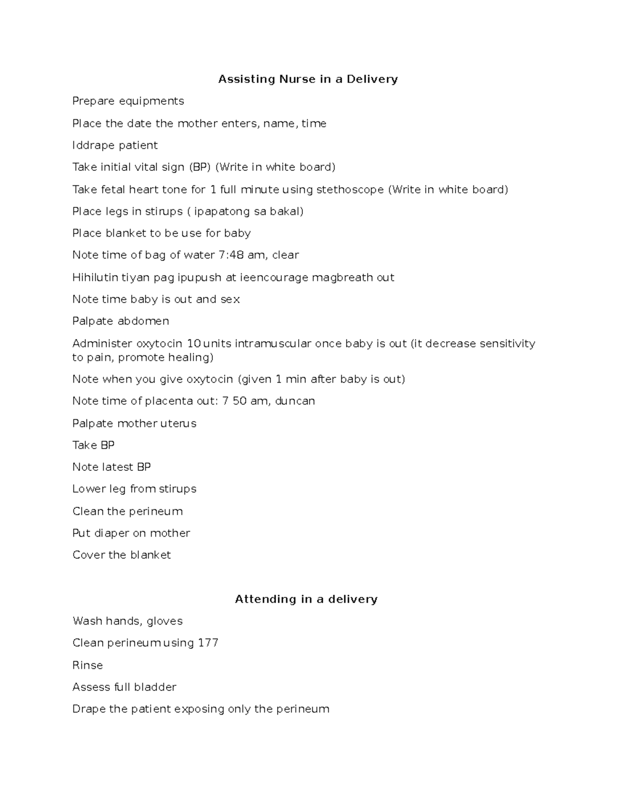 107 A F TO F Script - notes - Assisting Nurse in a Delivery Prepare ...