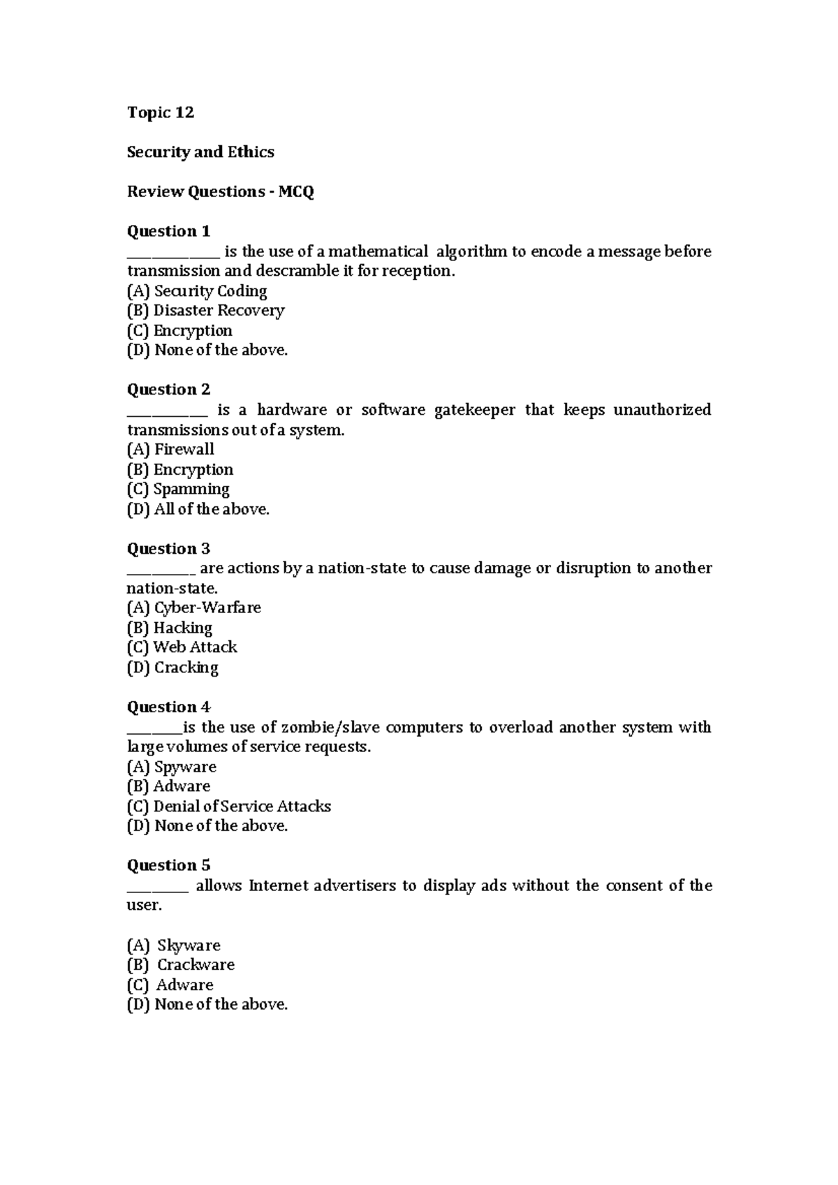 Topic 12 Tutorial Security and Ethics Questions - BUS 0117 - SIM - Studocu
