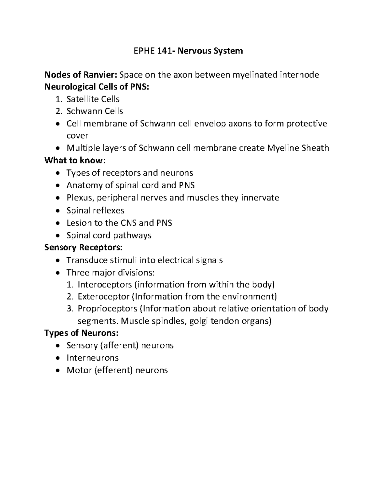 EPHE 141- Nervous System - EPHE 141- Nervous System Nodes of Ranvier ...