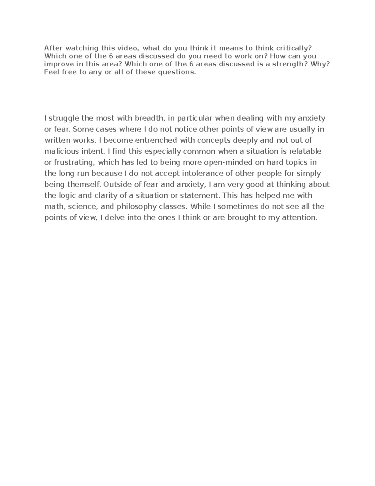 Critical Thinking - Week 5 Assignment. - After watching this video ...
