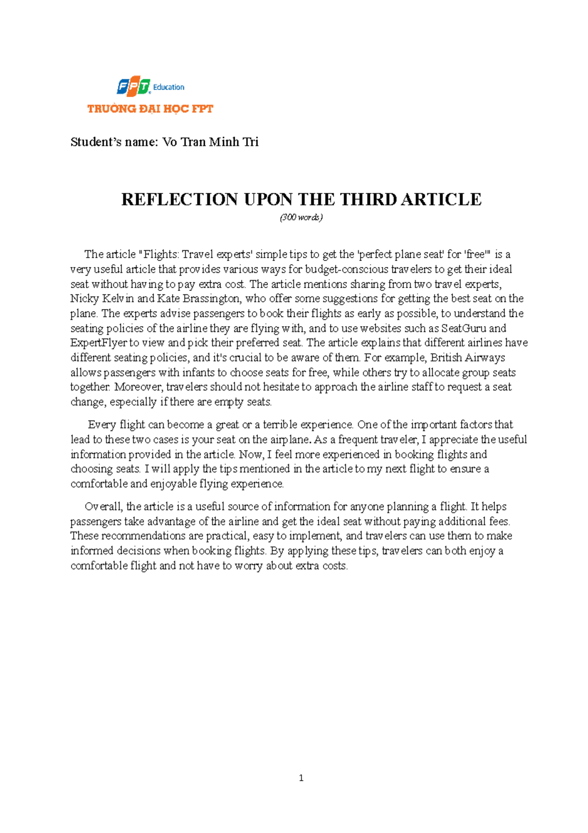 Task 3 - HAHA - Student’s name: Vo Tran Minh Tri REFLECTION UPON THE ...