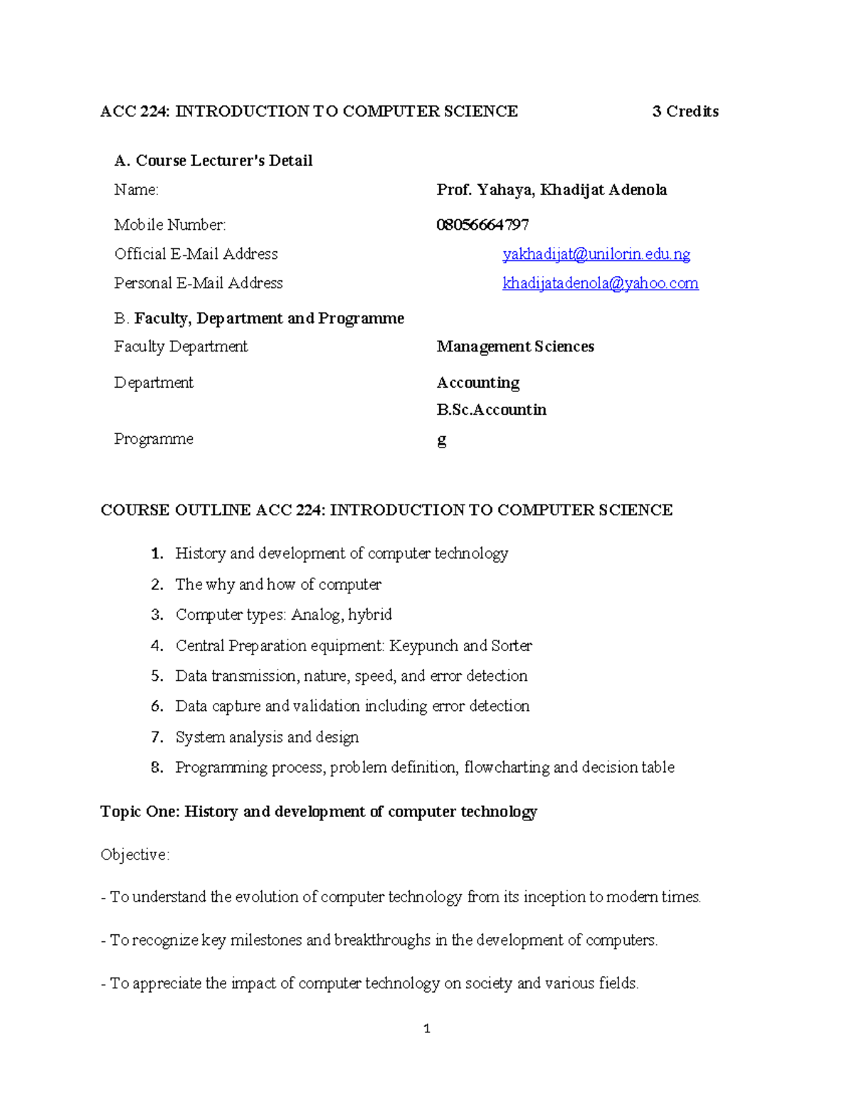 ACC 224 NOTE introduction to Computer Science - ACC 224: INTRODUCTION ...
