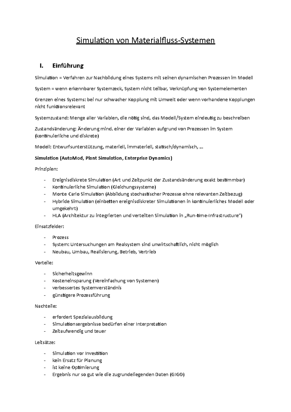 Zusammenfassung Materialflusssimulation - Simulation von Materialfluss ...