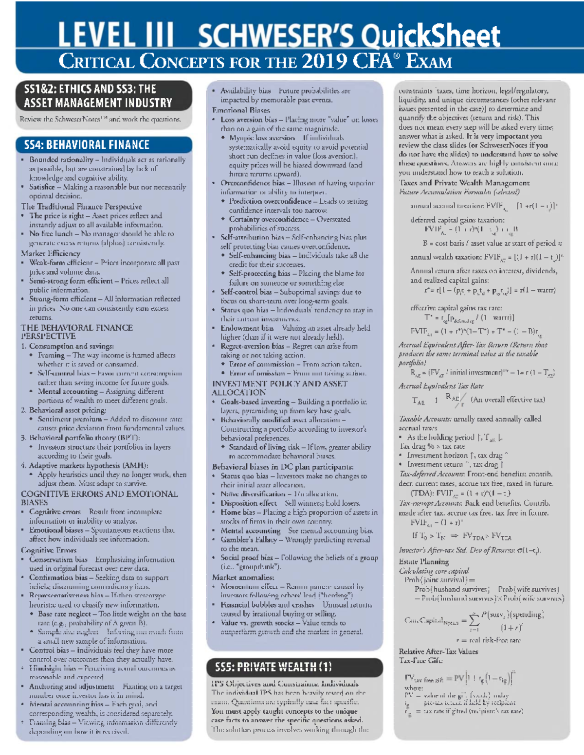 2019 CFA-Level 3 -Quicksheet - uickSheet Critical Concept s for the ...