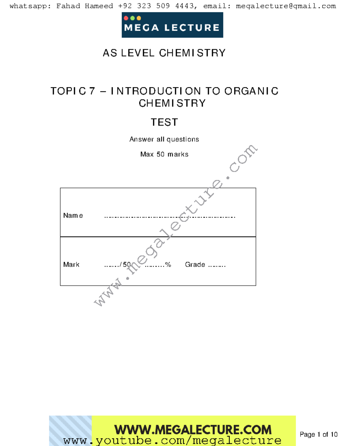 Topic 7 test - AS LEVEL CHEMISTRY TOPIC 7 – INTRODUCTION TO ORGANIC ...