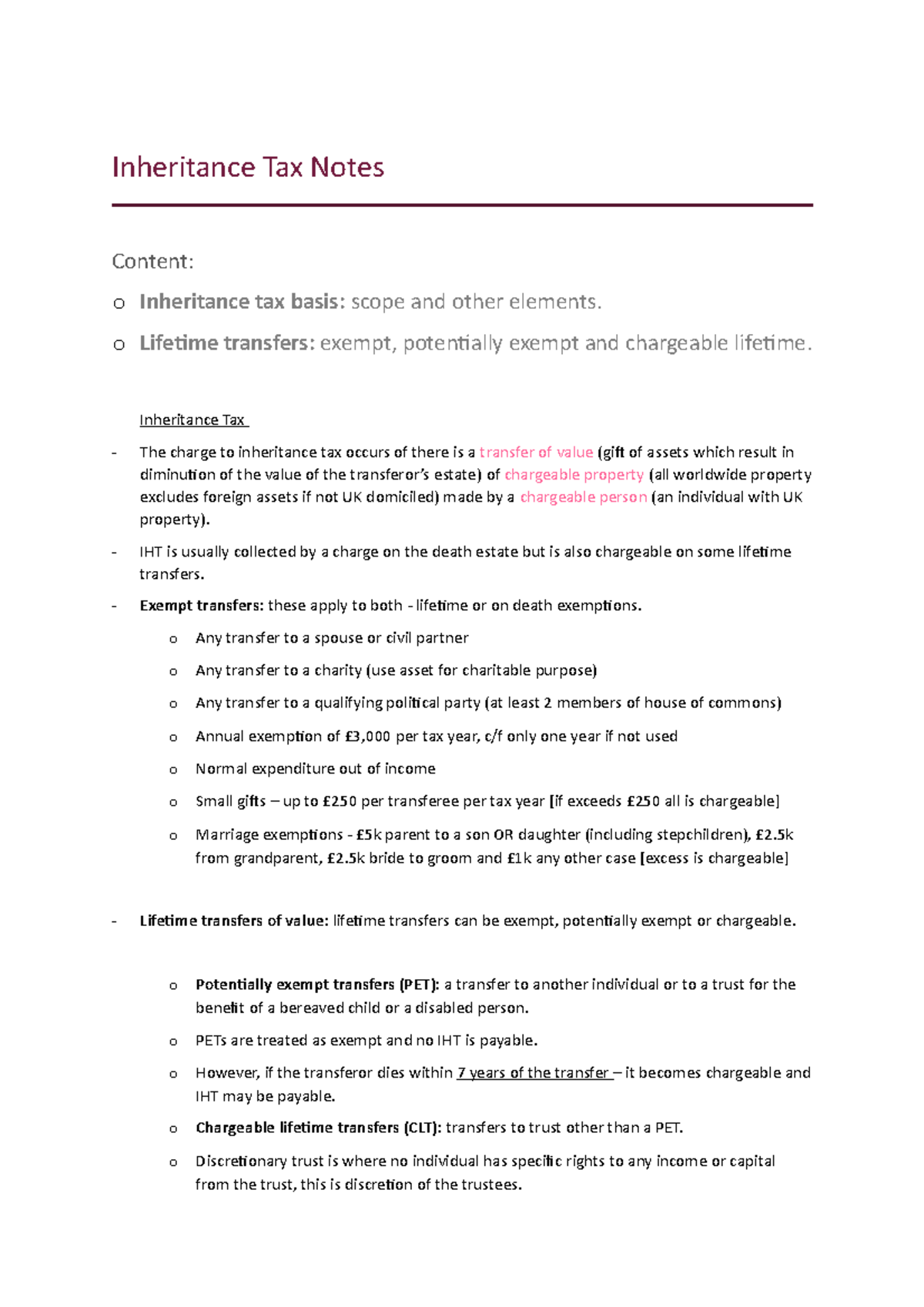 Inheritance Tax Notes - Inheritance Tax Notes Content: o Inheritance ...