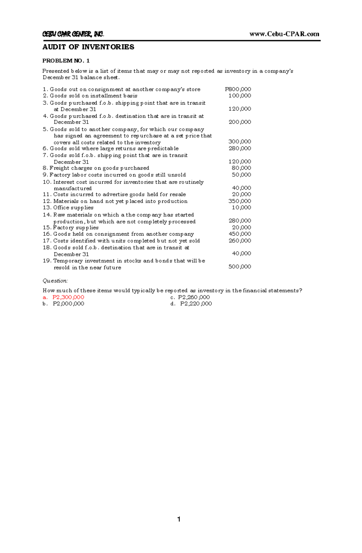 Ap inventories quizzer quesitions - AUDIT OF INVENTORIES PROBLEM NO. 1 ...
