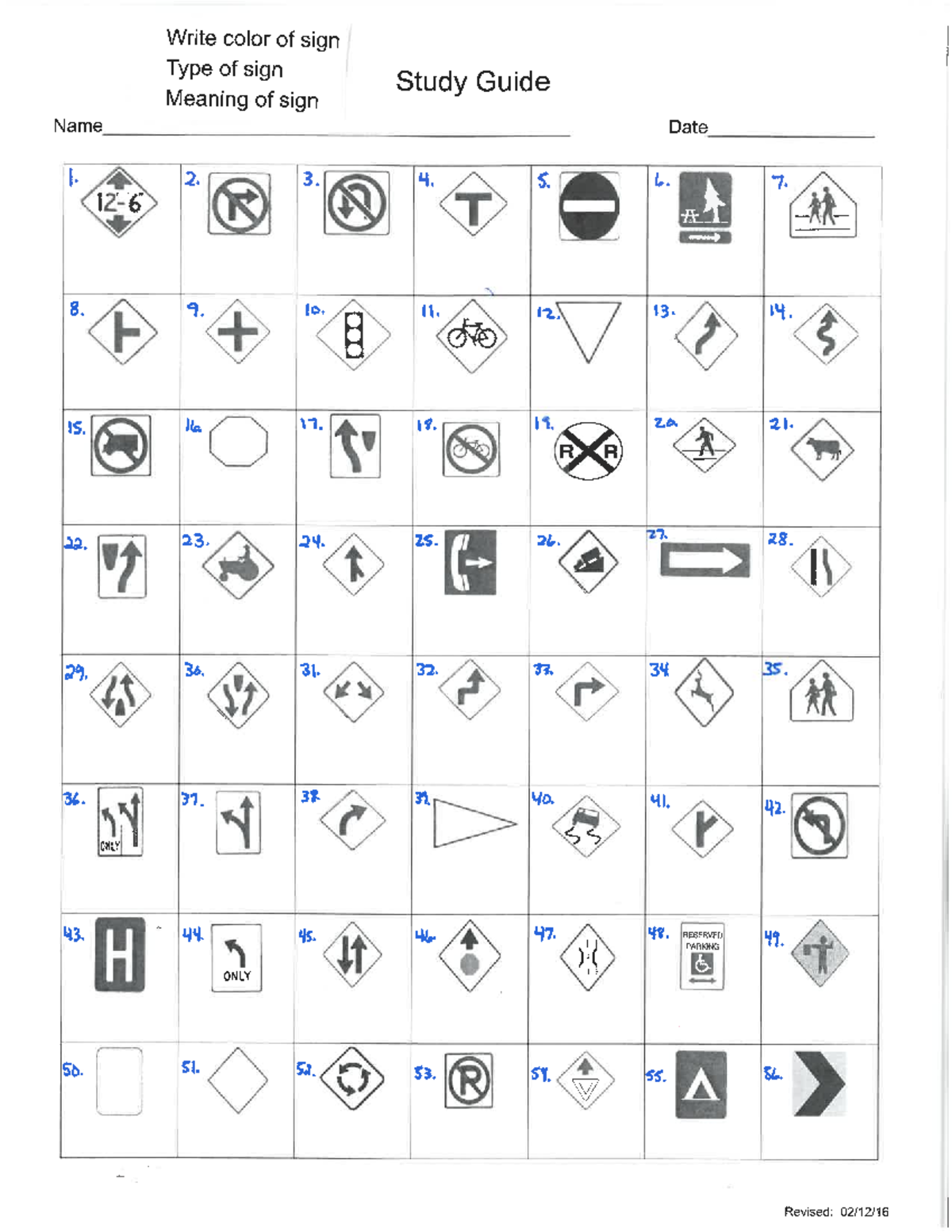 Signs Worksheet (1)-1 - Write color of sign Type of sign Study Guide ...