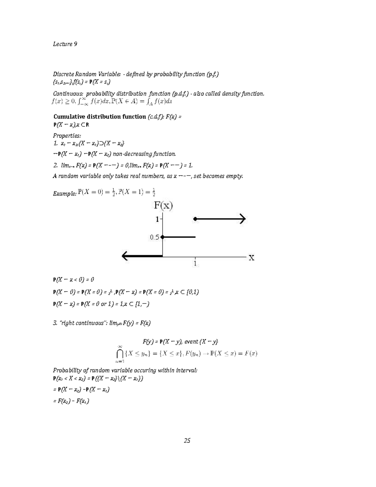 Cumulative distribution function - Lecture 9 Discrete Random Variable: - defined by probability ...