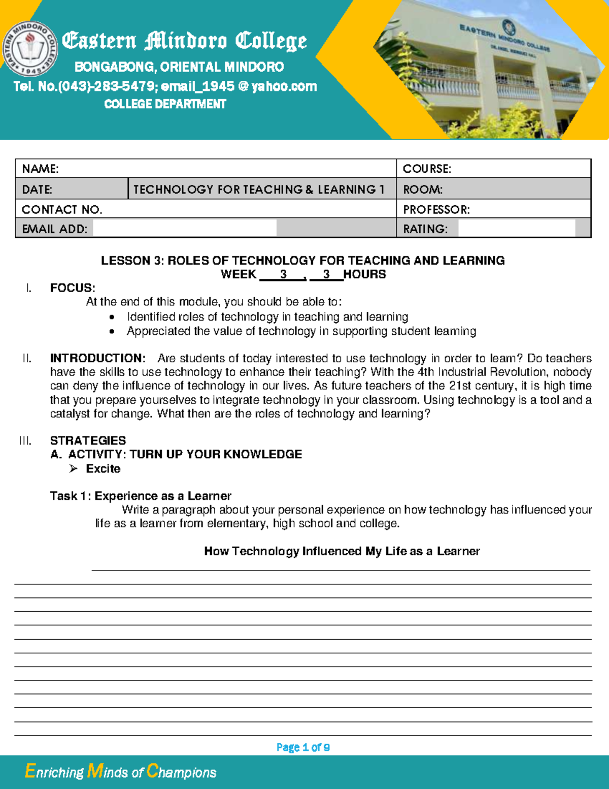 Module 1- Lesson 3 - TECHNOLOGY FOR TEACHING AND LEARNING - Page 1 of 9 ...