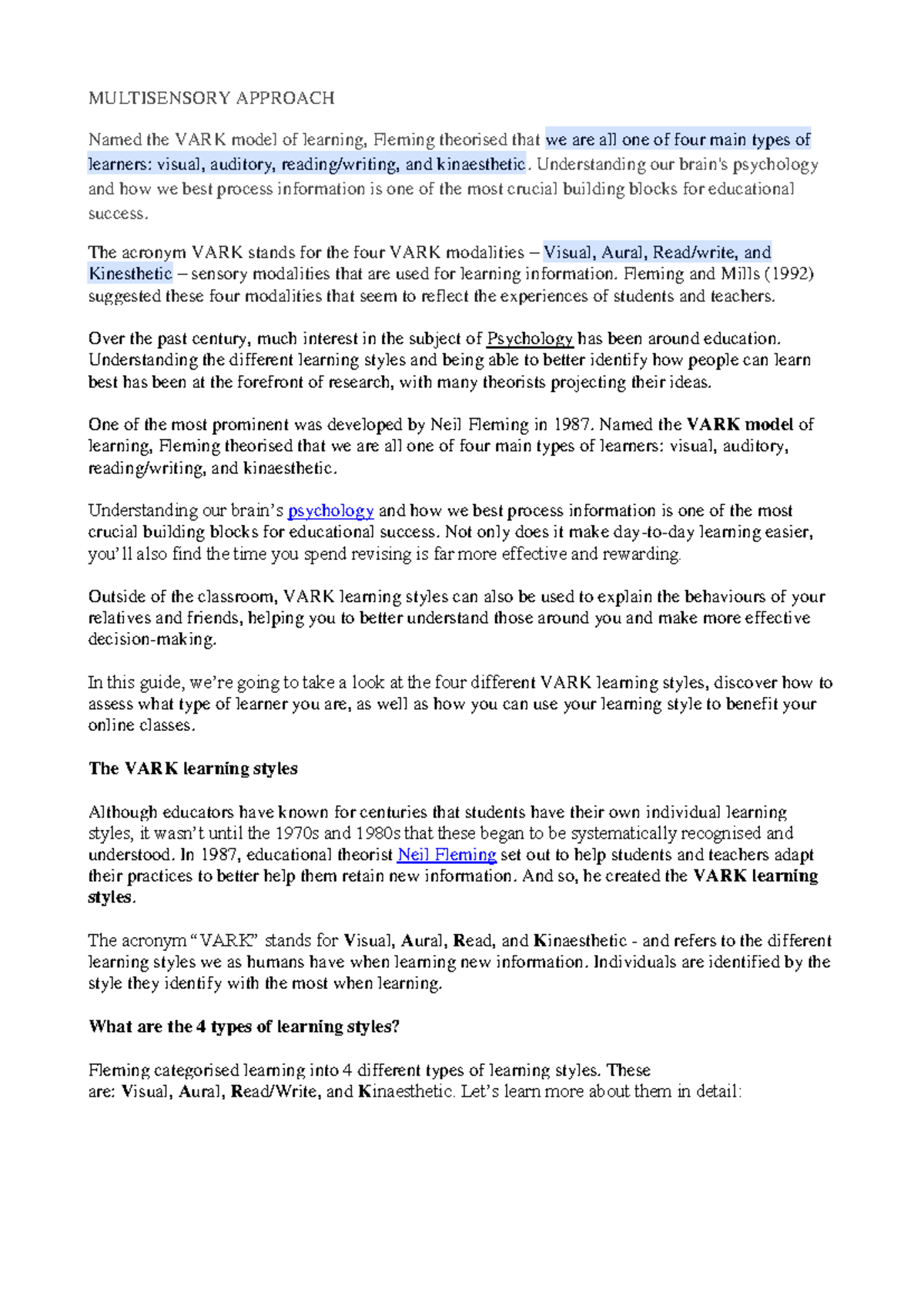 Multisensory Approach - MULTISENSORY APPROACH Named the VARK model of ...