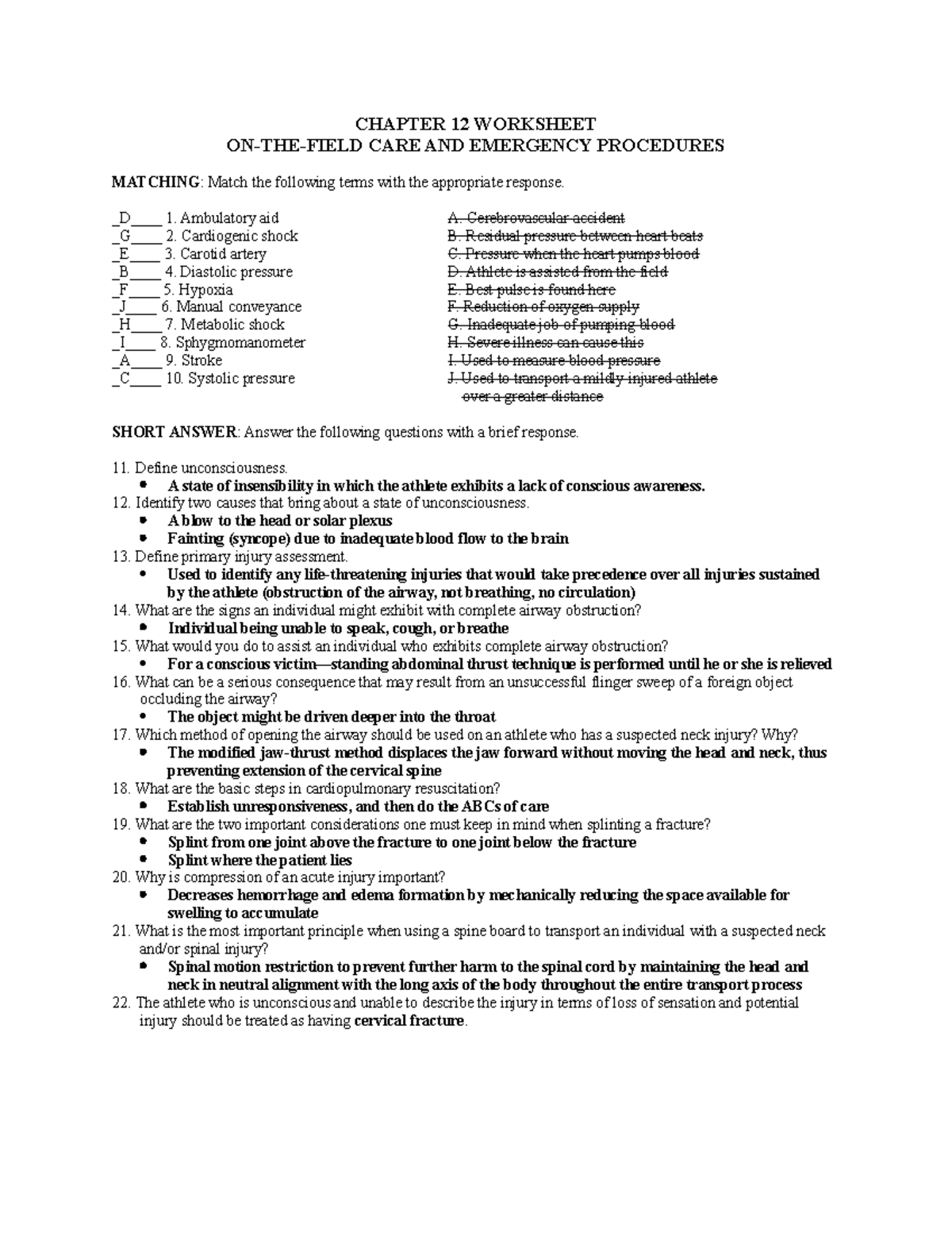 Domain 3- Ch. 12,14 Worksheets - CHAPTER 12 WORKSHEET ON-THE-FIELD CARE ...