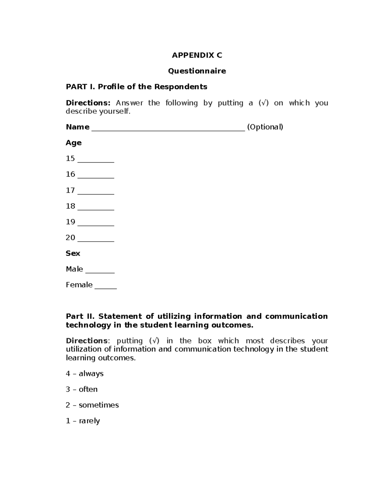 Questionnaire Karen - APPENDIX C Questionnaire PART I. Profile of the ...