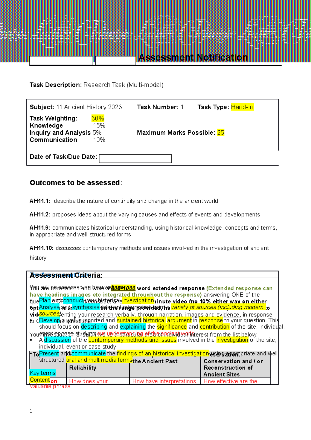 Year 11 Ancient History Task 2023 - Assessment Notification Task ...