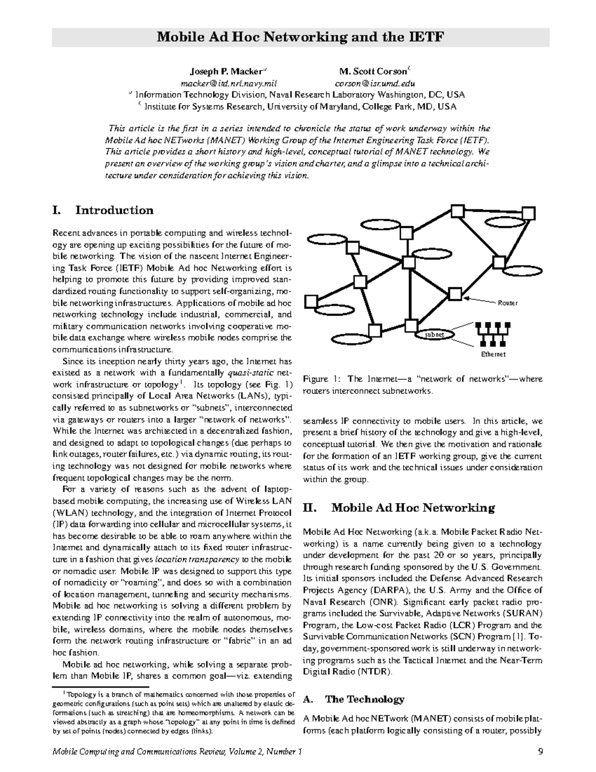 ADA462127 - Examen. - Mobile Ad Hoc Networking and the IETF Joseph P ...