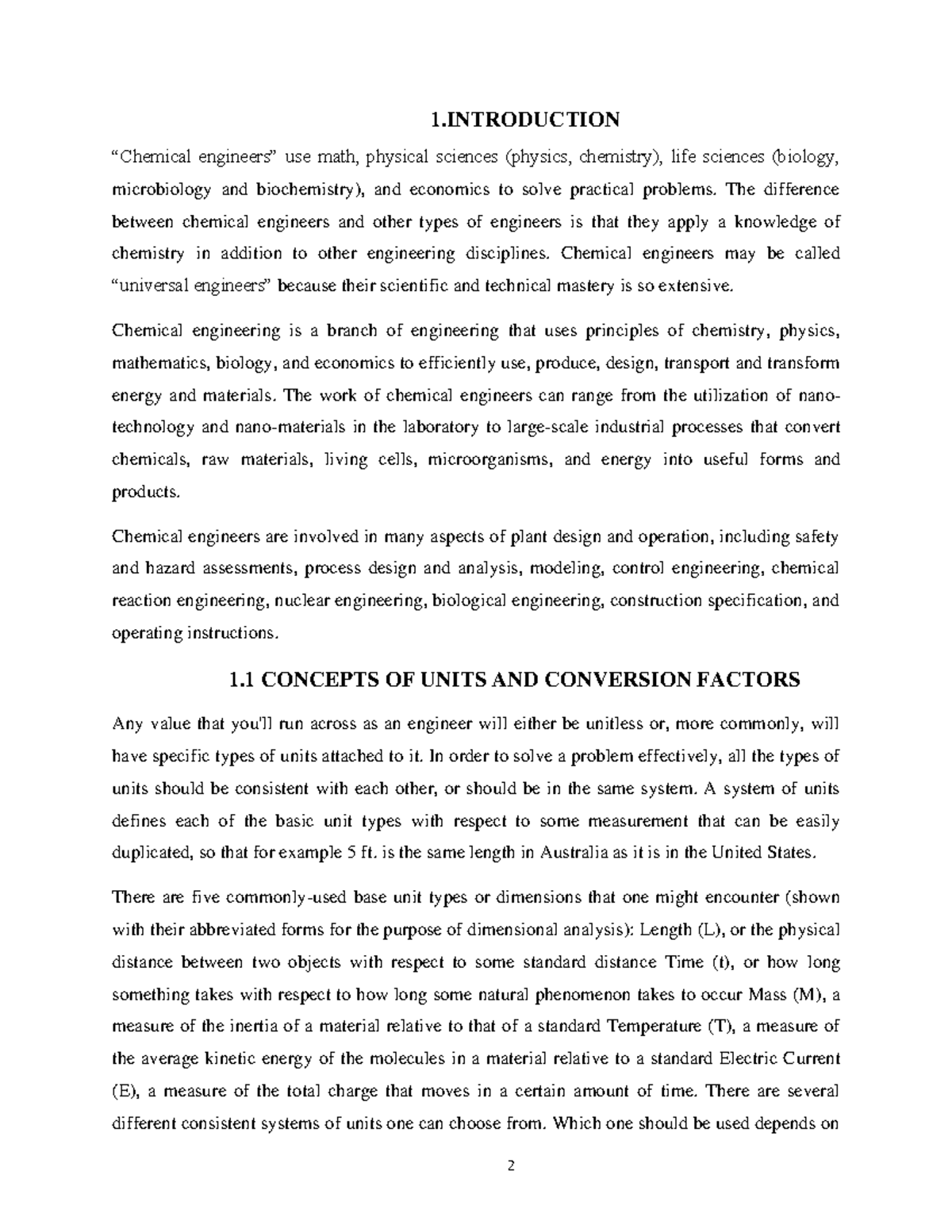 Introduction TO Chemical Engineering - 1 “Chemical engineers” use math ...