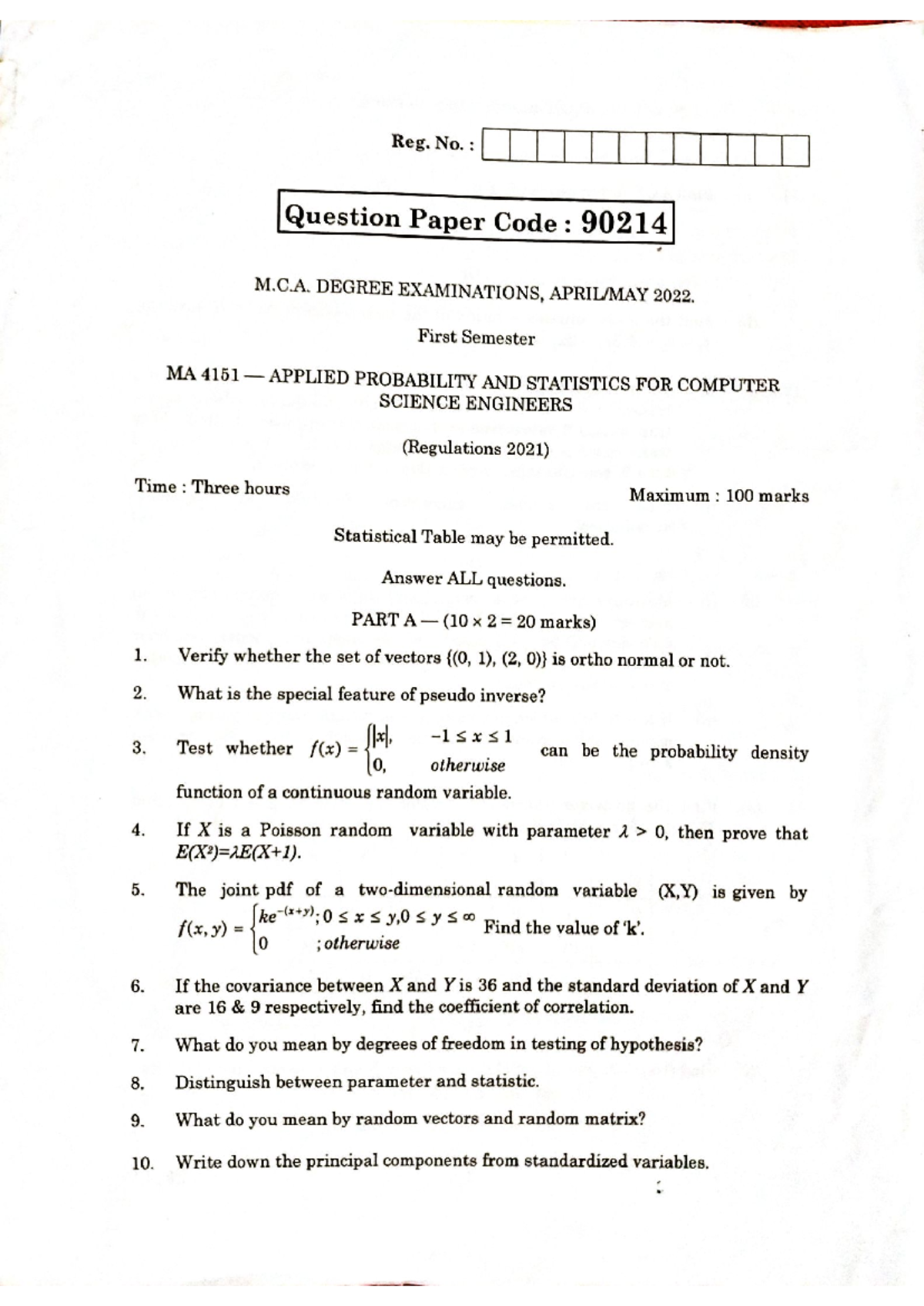 Maths question paper-4 ( 2022) - Reg. No.: Question Paper Code: 90214 M ...