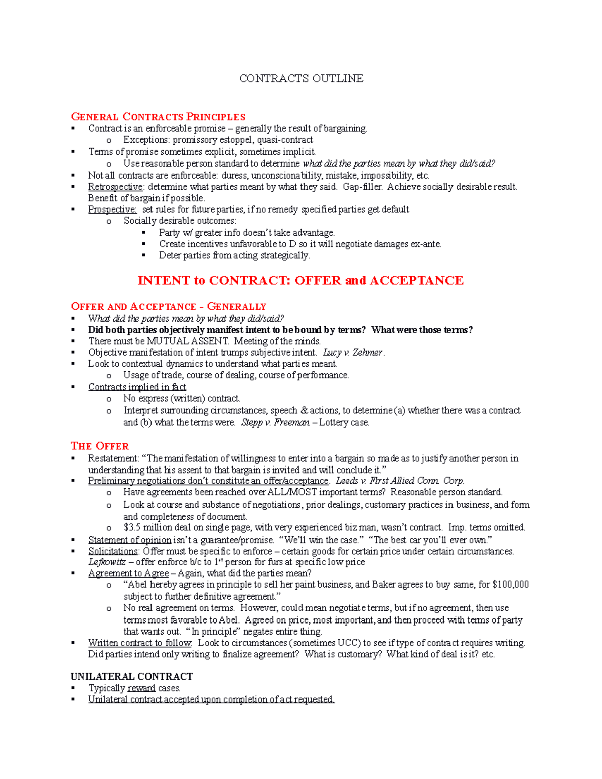 Contracts Examples - CONTRACTS OUTLINE GENERAL CONTRACTS PRINCIPLES ...