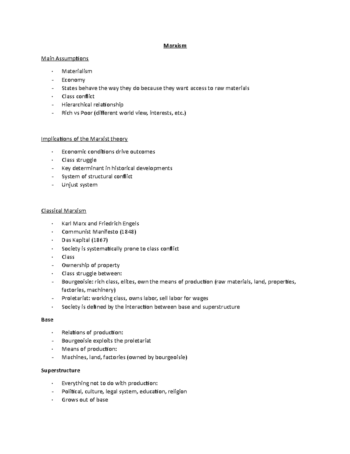 Marxism - Notes- Marxism Main Assumptions · Materialism Economy States ...