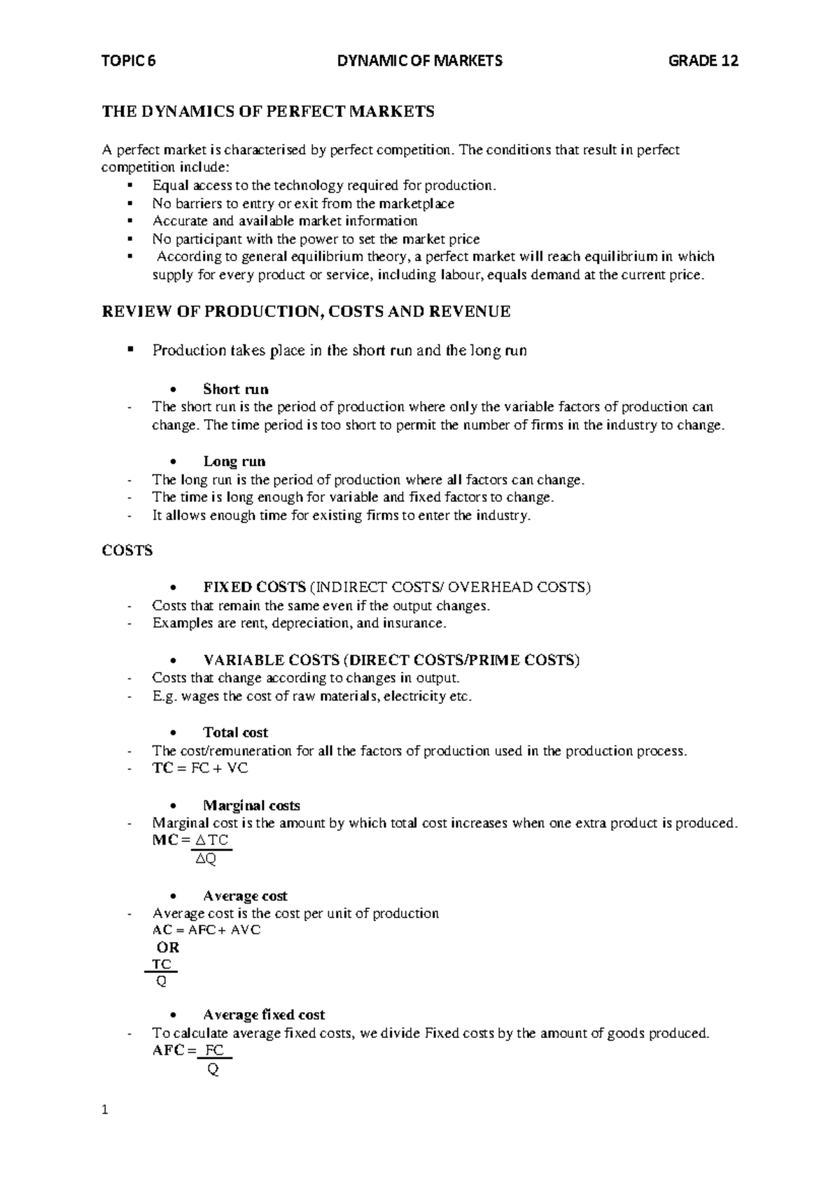 Topic 6 Dynamics OF Perfect Market Grade 12 - THE DYNAMICS OF PERFECT ...