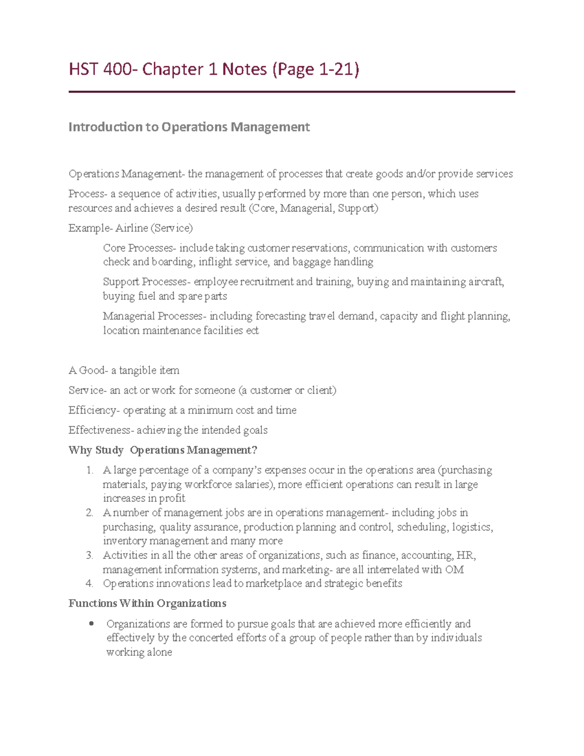 Chapter 1- Introduction to Operations Management - HST 400- Chapter 1 ...