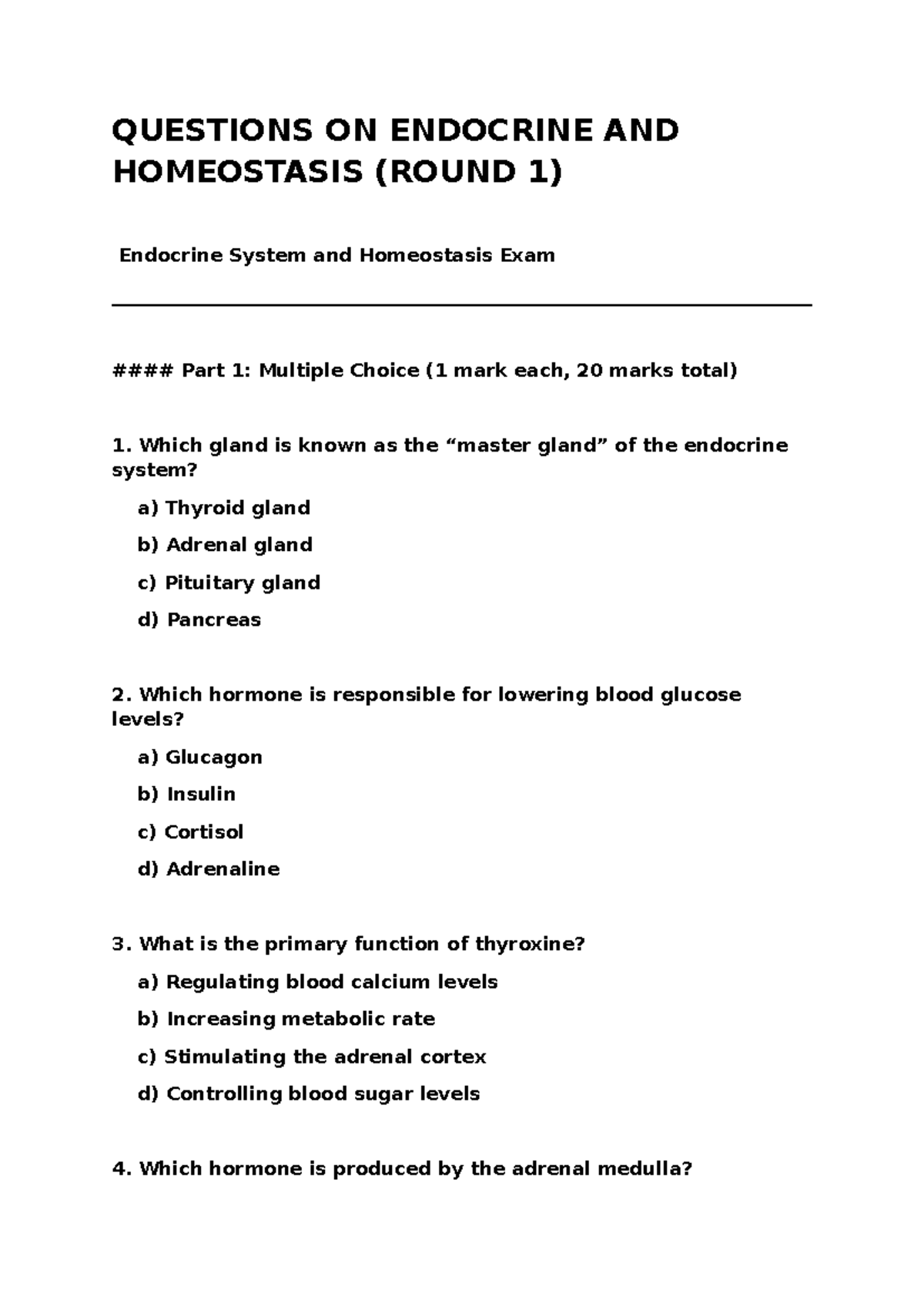 Endocrine AND Homeostasis Questions - QUESTIONS ON ENDOCRINE AND ...