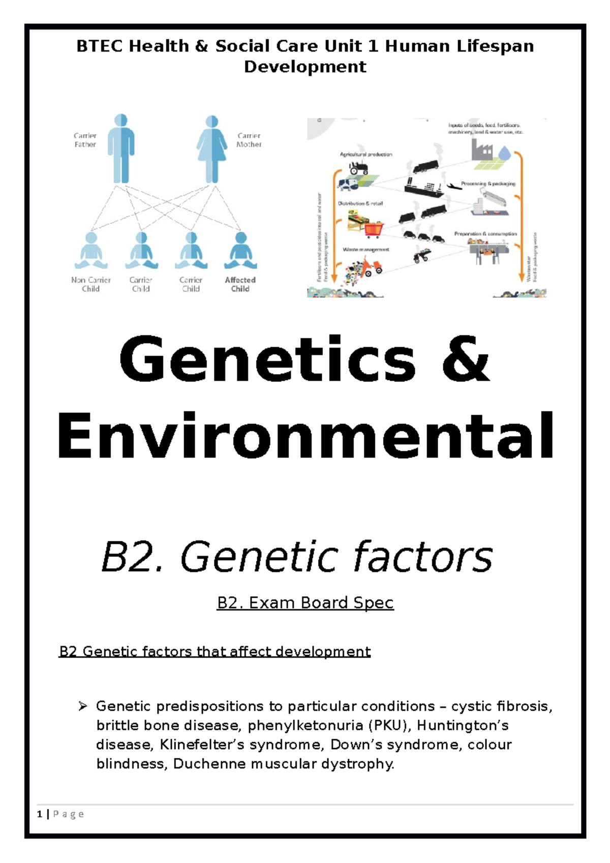 B2 Genetics and Environmental booklet - BTEC Health & Social Care Unit ...