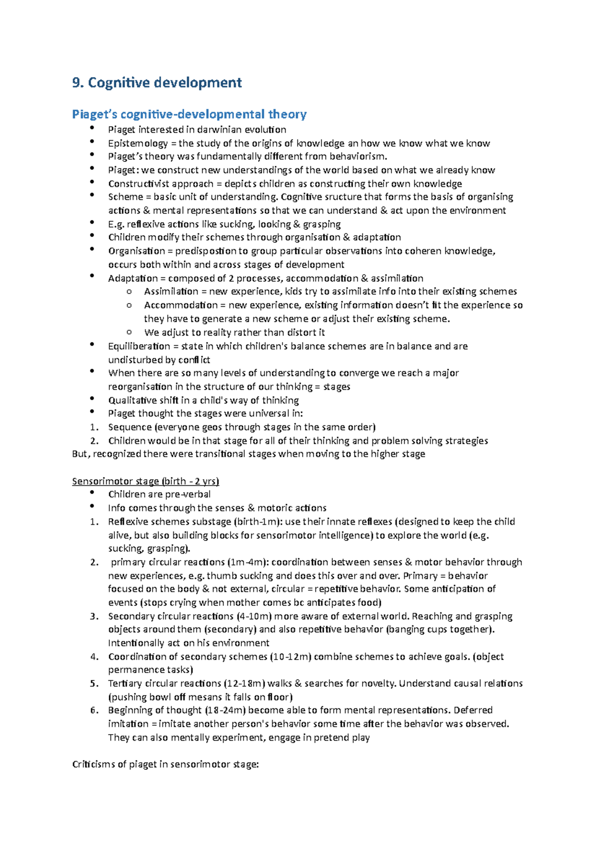 Chapter 9 developmental psychology - 9. Cognitive development Piaget’s ...