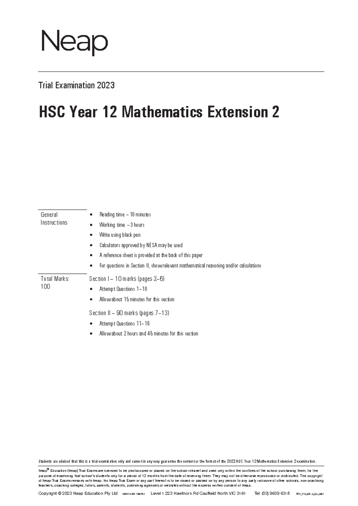 HSC Mathematics Extension 2 Year 12 Question and Answer Booklet 2023 ...
