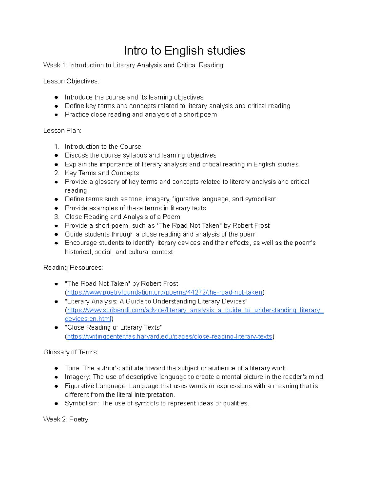 Intro to English studies - Study Plan - Intro to English studies Week 1 ...