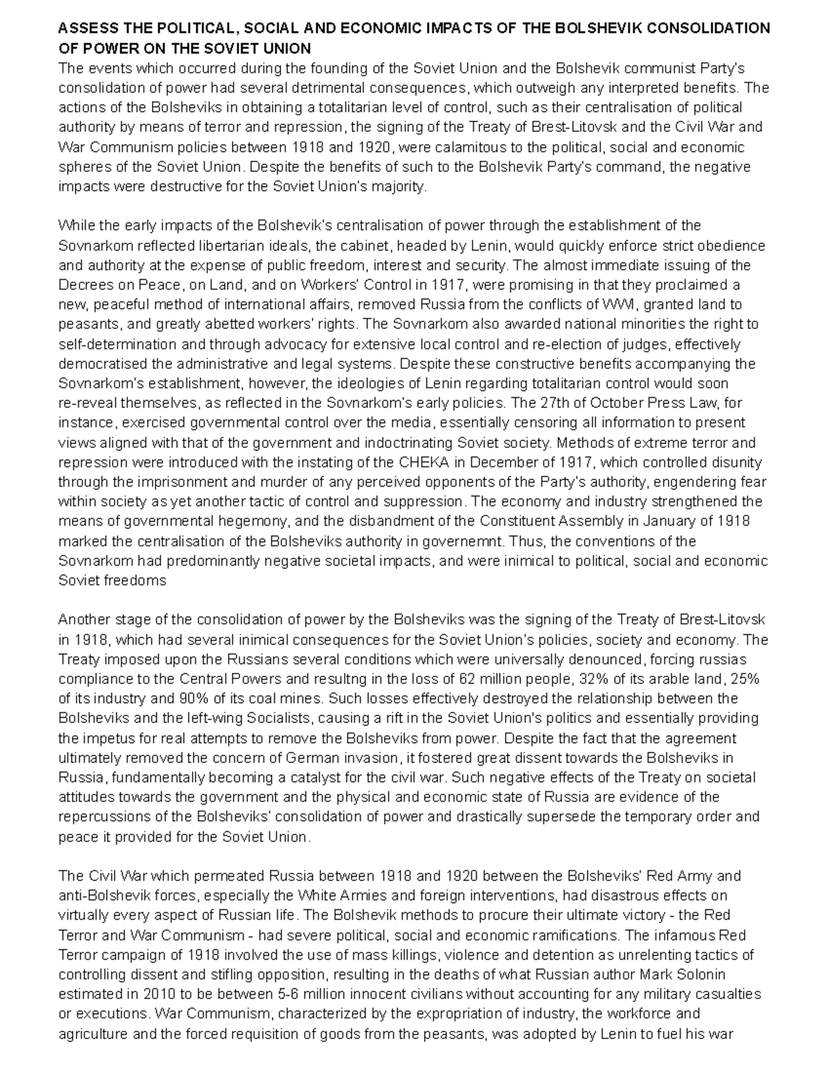 HSC Modern History Soviet Union Essays - ASSESS THE POLITICAL, SOCIAL ...