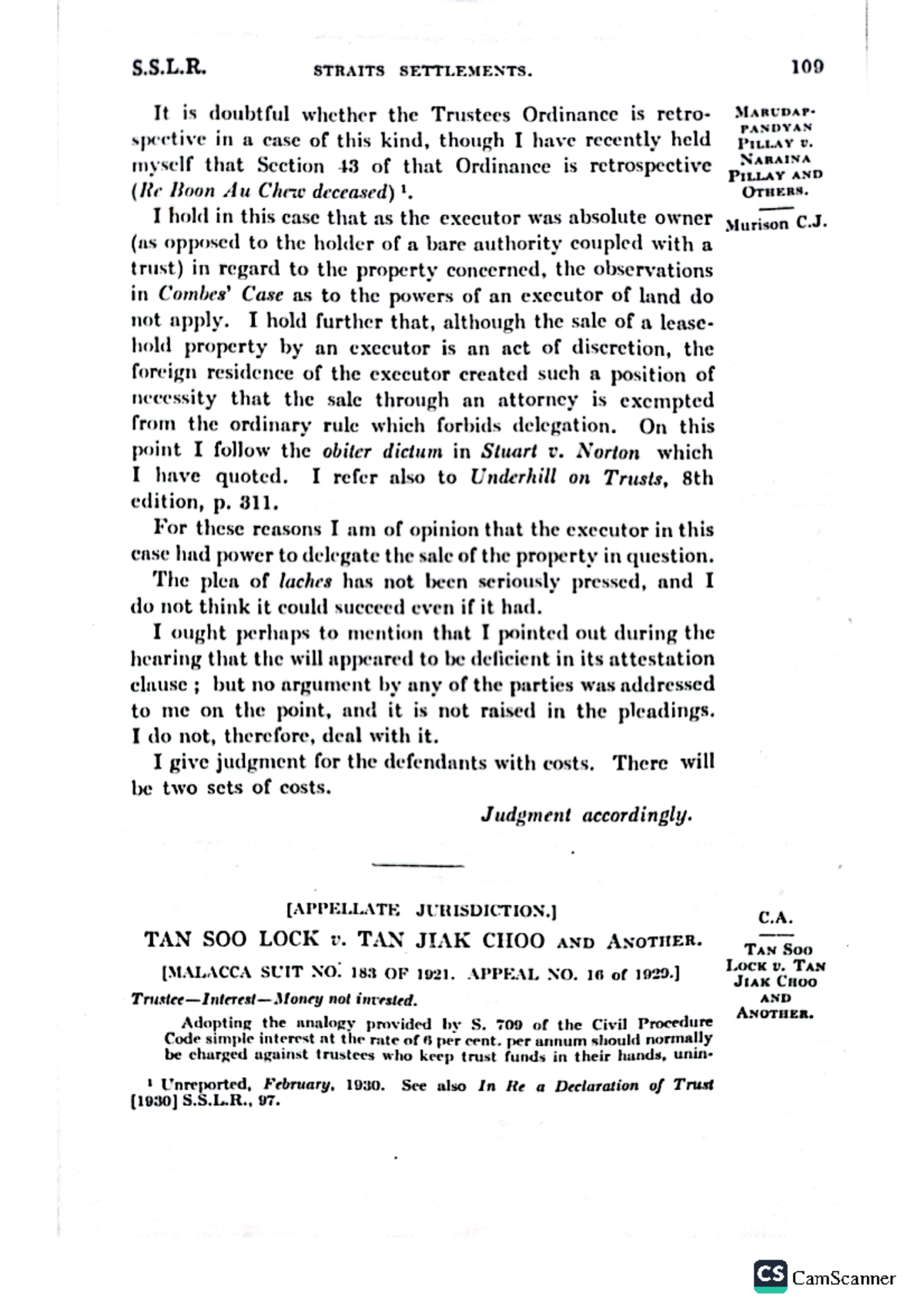 Tan Soo Lock v Tan Jiak Choo (1930) SSLR 109 - S.S.L. STRAITS ...