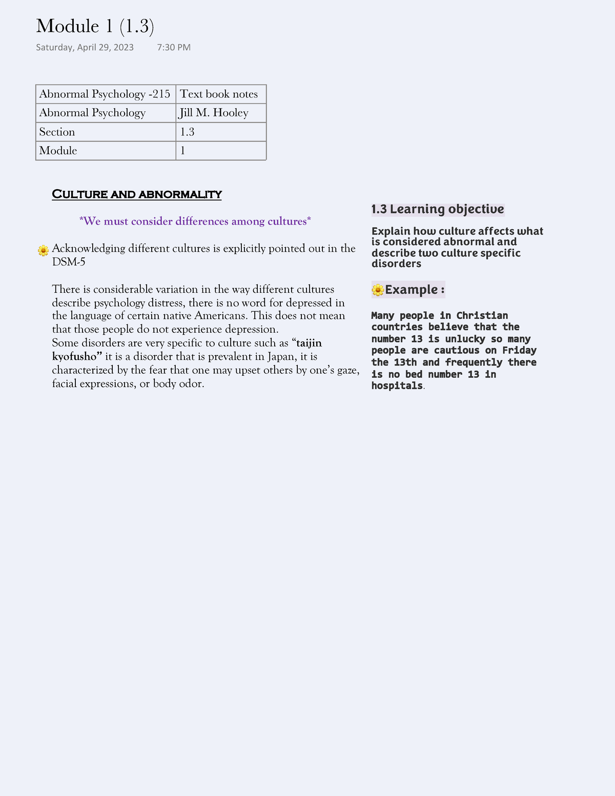 Module 1 chapter 1 section 1.3 - Abnormal Psychology -215 Text book ...