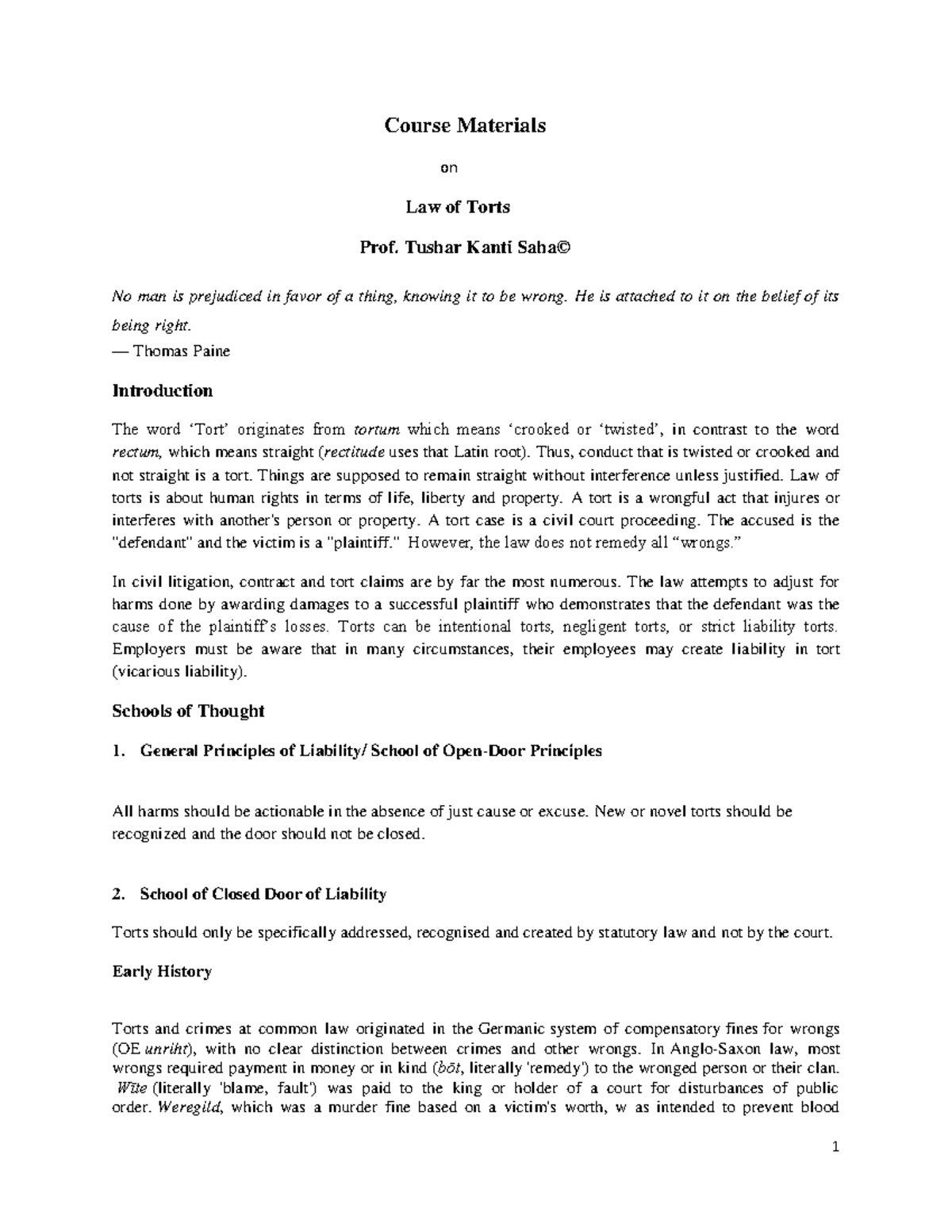 Section I+II Course Materials on the Law of (Introduction+Trespass) (1 ...