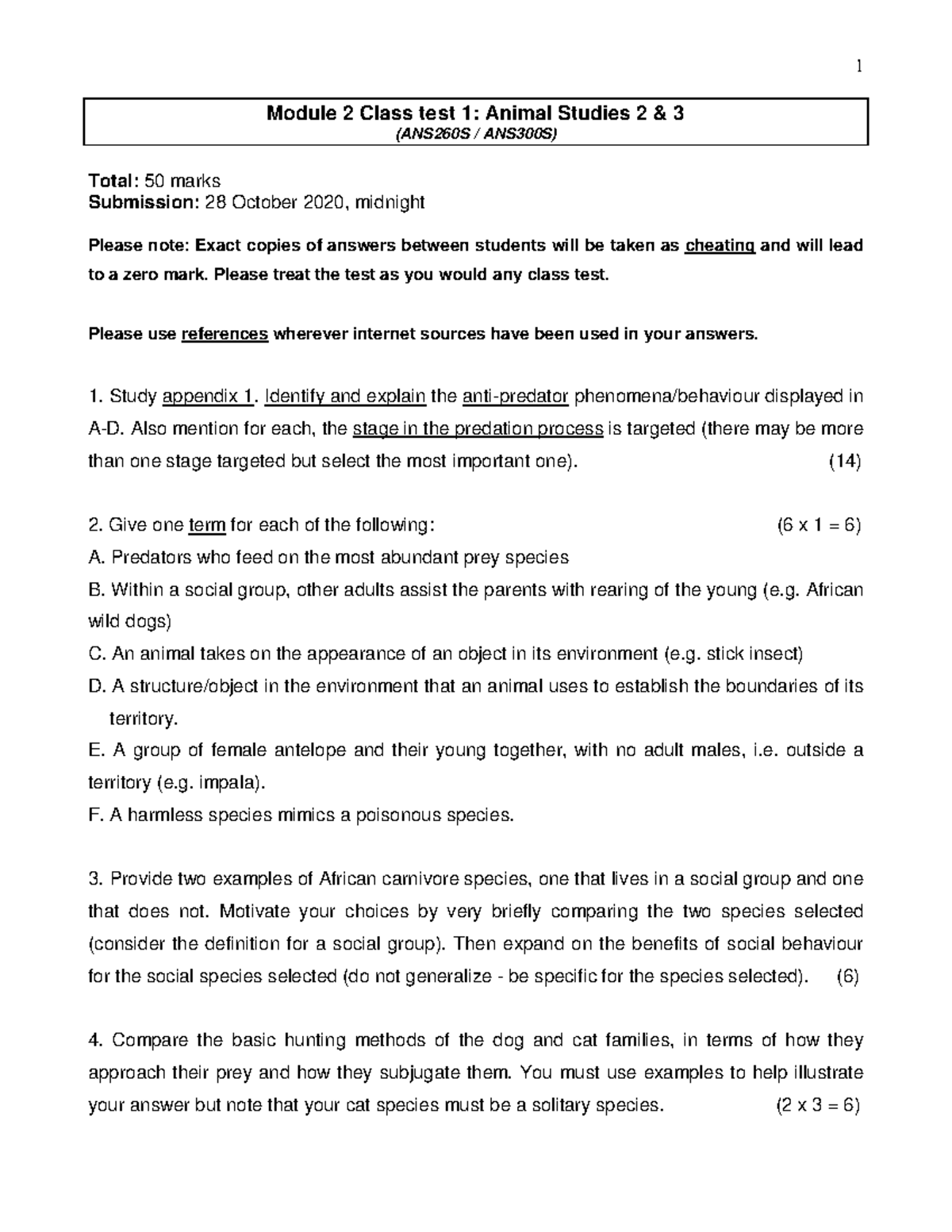 ANS2&3 test 1 2020 for print pack - Module 2 Class test 1: Animal ...
