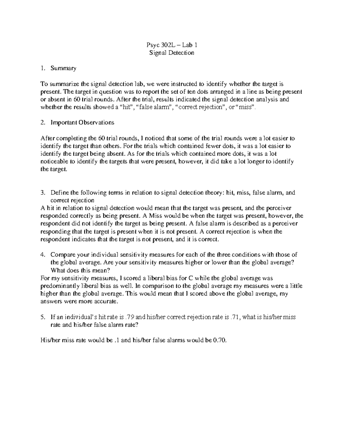 Summary Signal Detection 1 Psyc 302l Lab 1 Signal Detection Summary To Summarize The Signal