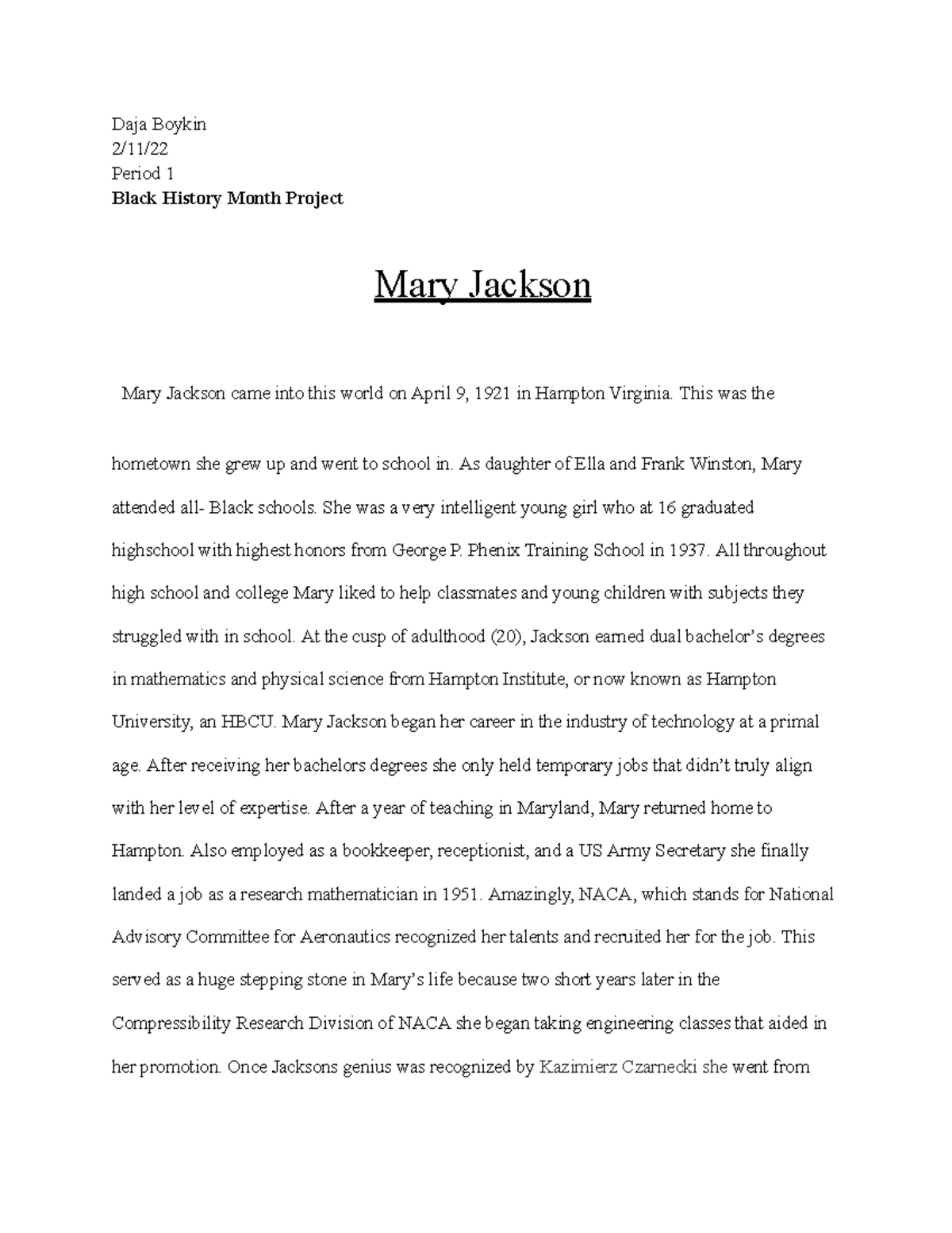 Mary Jackson, an HBCU graduate - Daja Boykin 2/11/ Period 1 Black ...