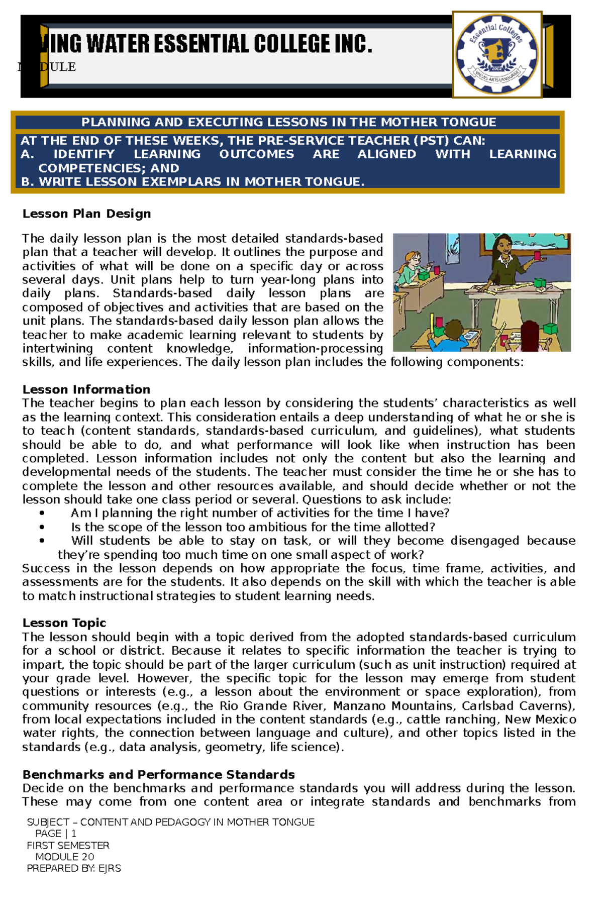 CPMT Module 20 - N/A - MODULE PLANNING AND EXECUTING LESSONS IN THE ...