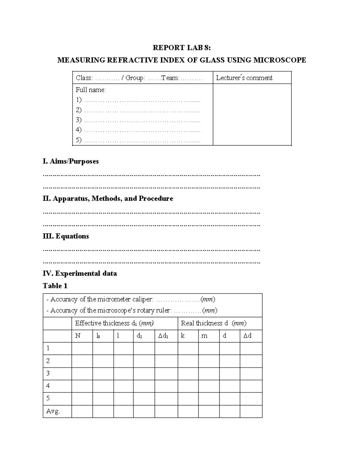 Report LAB 8 - REPORT LAB 8: MEASURING REFRACTIVE INDEX OF GLASS USING ...