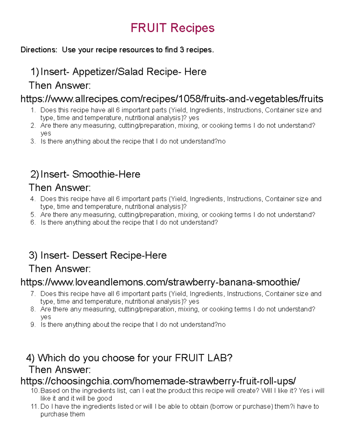Copy of Fruit LAB #3 - food lab - FRUIT Recipes Directions: Use your ...