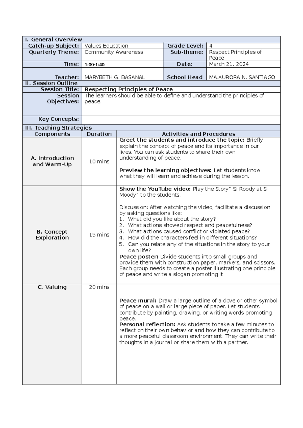 Grade 4- Values - I. General Overview Catch-up Subject: Values ...